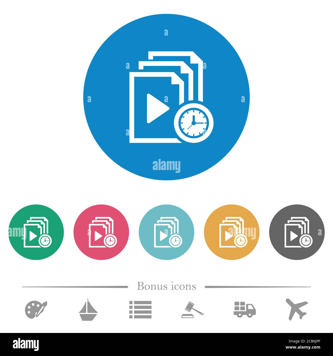 Playlist playing time flat white icons on round color backgrounds. 6 ...