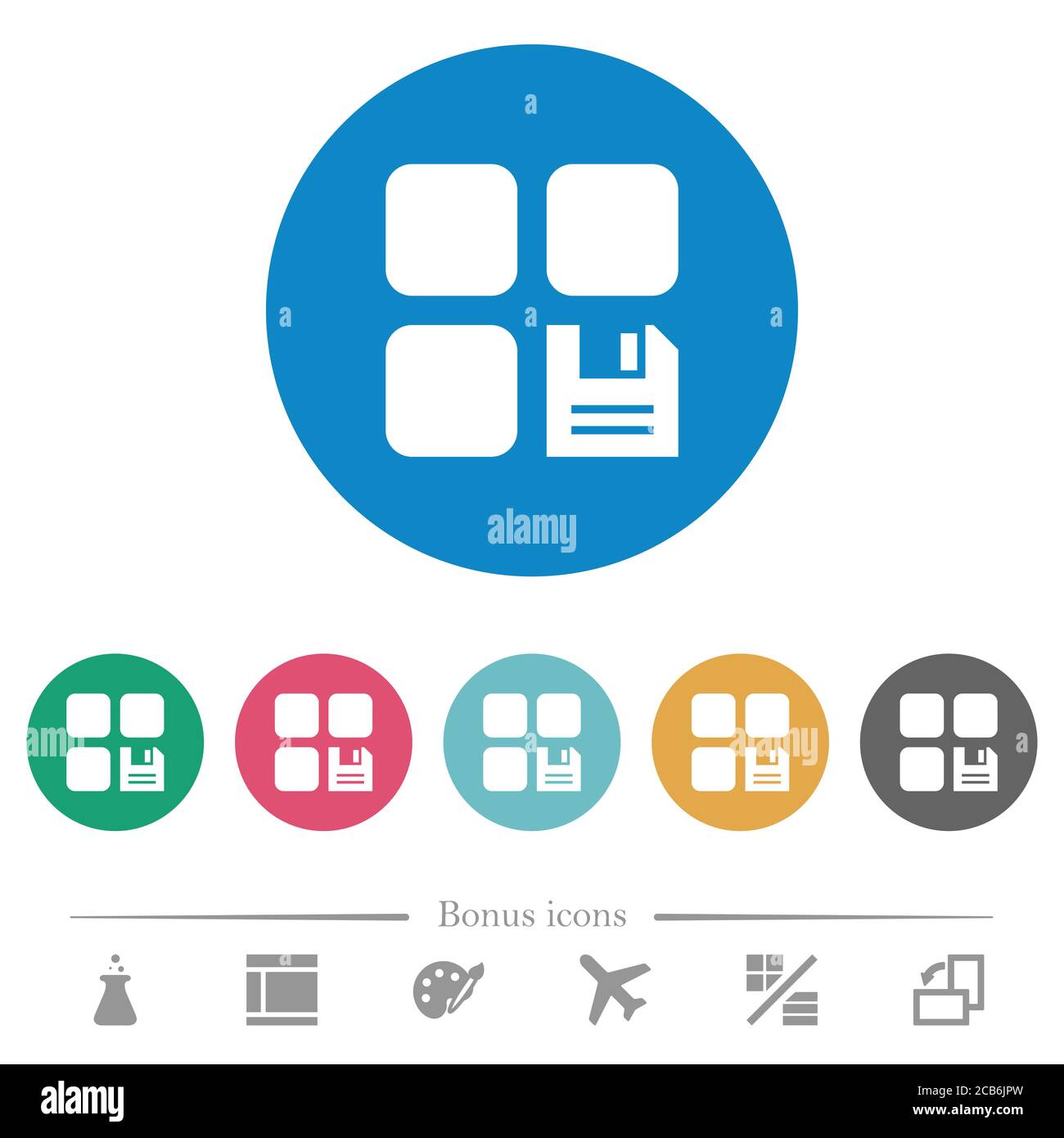Save component flat white icons on round color backgrounds. 6 bonus ...