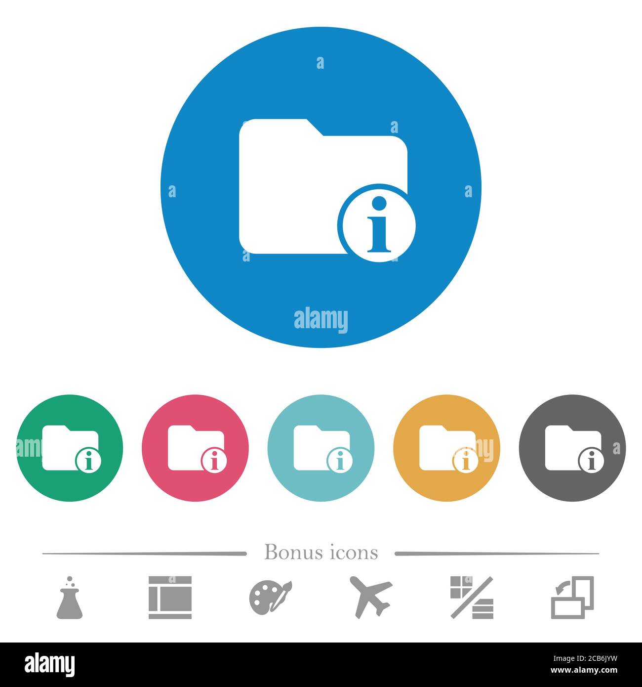 Directory info flat white icons on round color backgrounds. 6 bonus ...