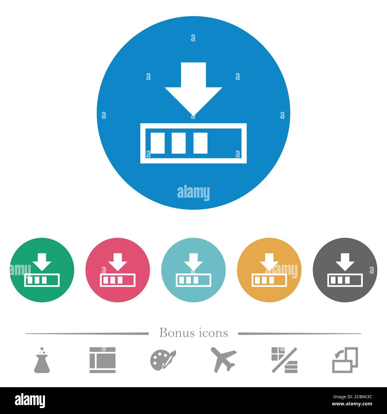 Download in progress flat white icons on round color backgrounds. 6 ...