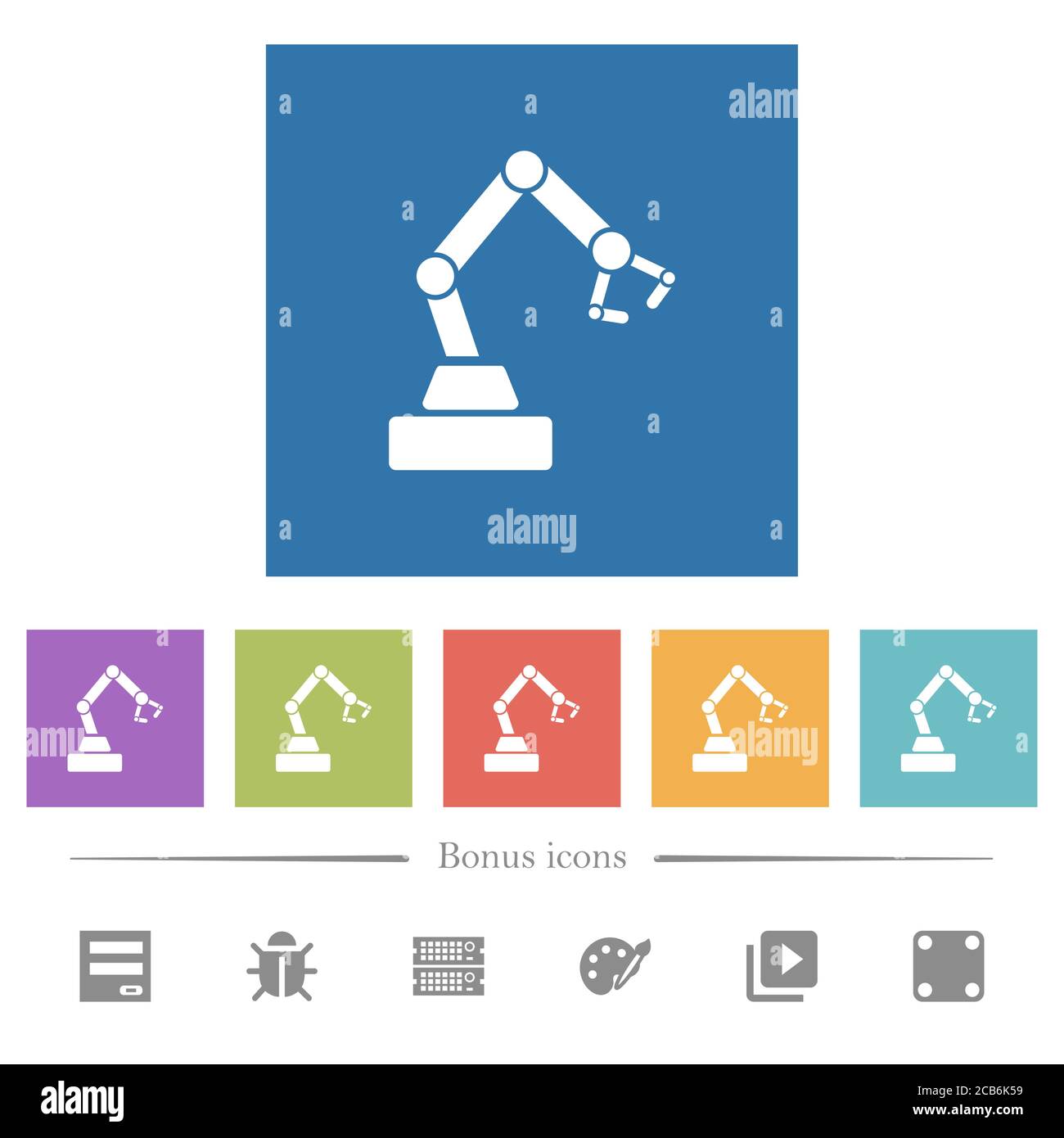 Robot arm flat white icons in square backgrounds. 6 bonus icons ...