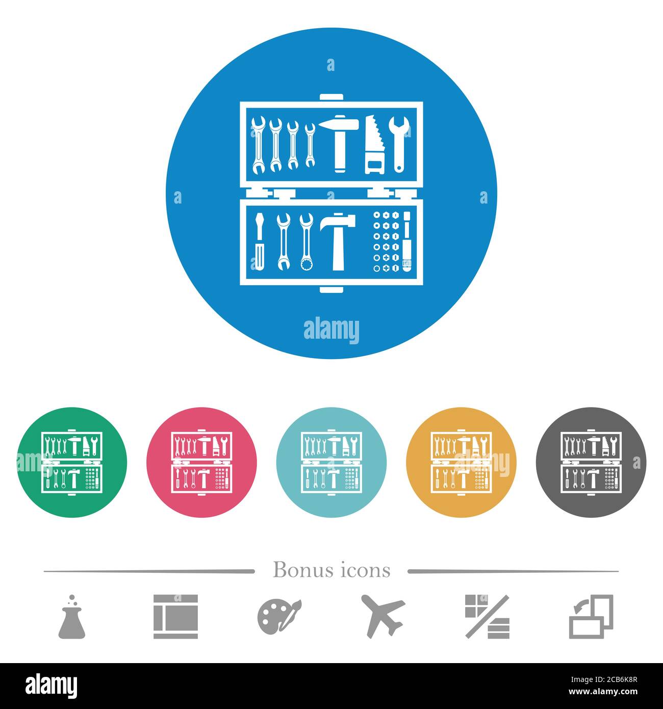 Open toolbox flat white icons on round color backgrounds. 6 bonus icons ...