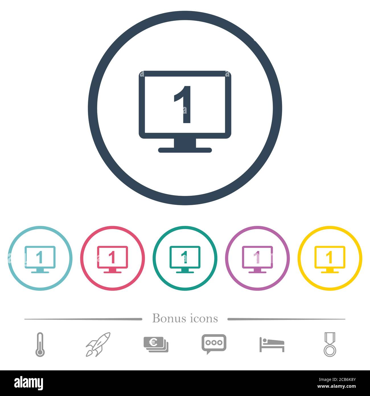 Primary display flat color icons in round outlines. 6 bonus icons ...