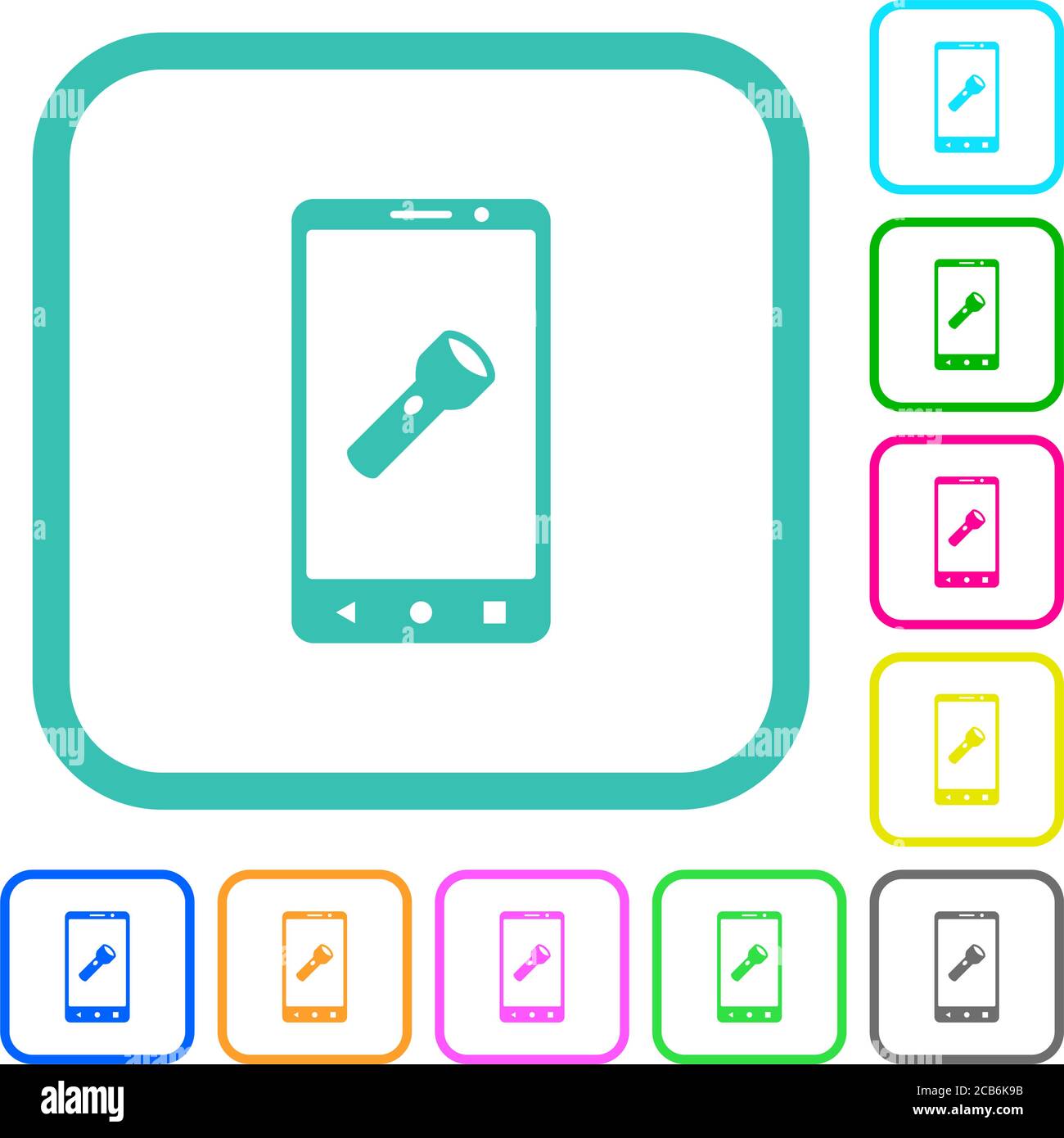Mobile flashlight vivid colored flat icons in curved borders on white ...