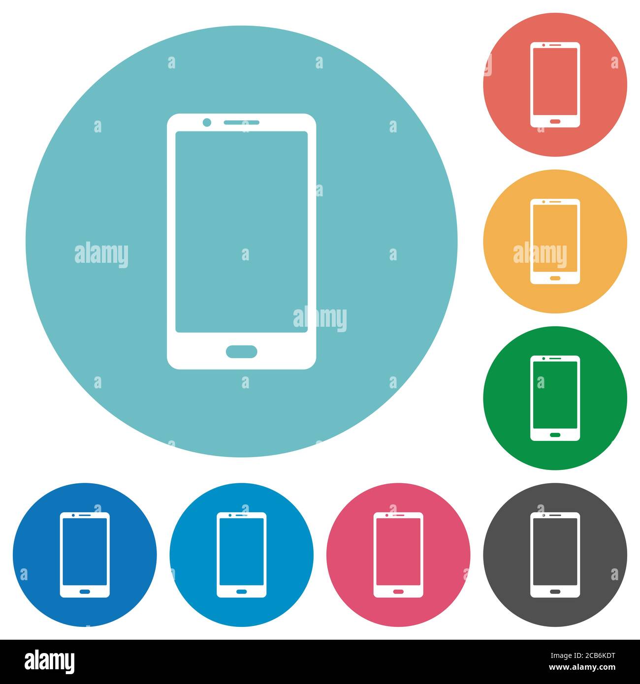 Modern mobile phone with one button flat white icons on round color ...