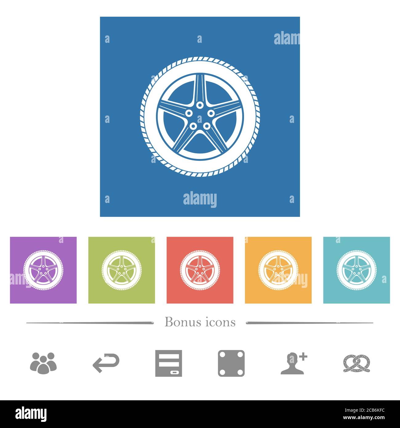 Car wheel flat white icons in square backgrounds. 6 bonus icons ...