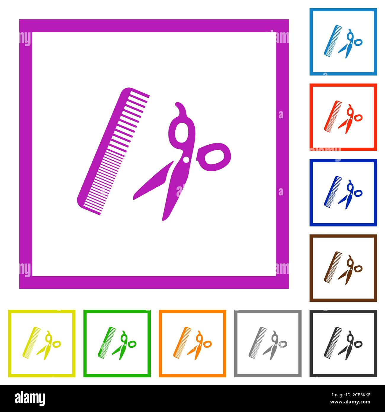Comb and scissors flat color icons in square frames on white background ...