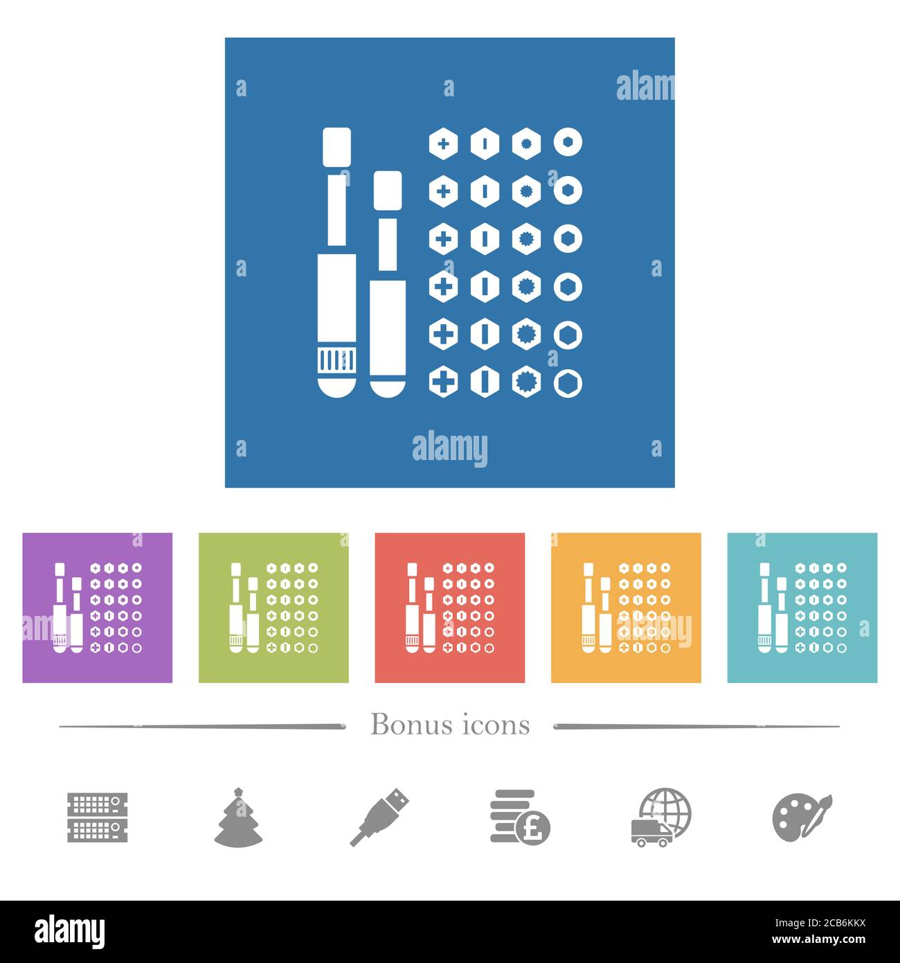 Set of screwdriver bits flat white icons in square backgrounds. 6 bonus ...
