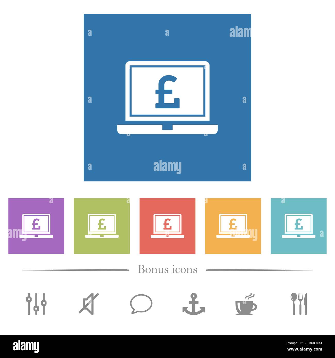 Laptop with Pound sign flat white icons in square backgrounds. 6 bonus ...