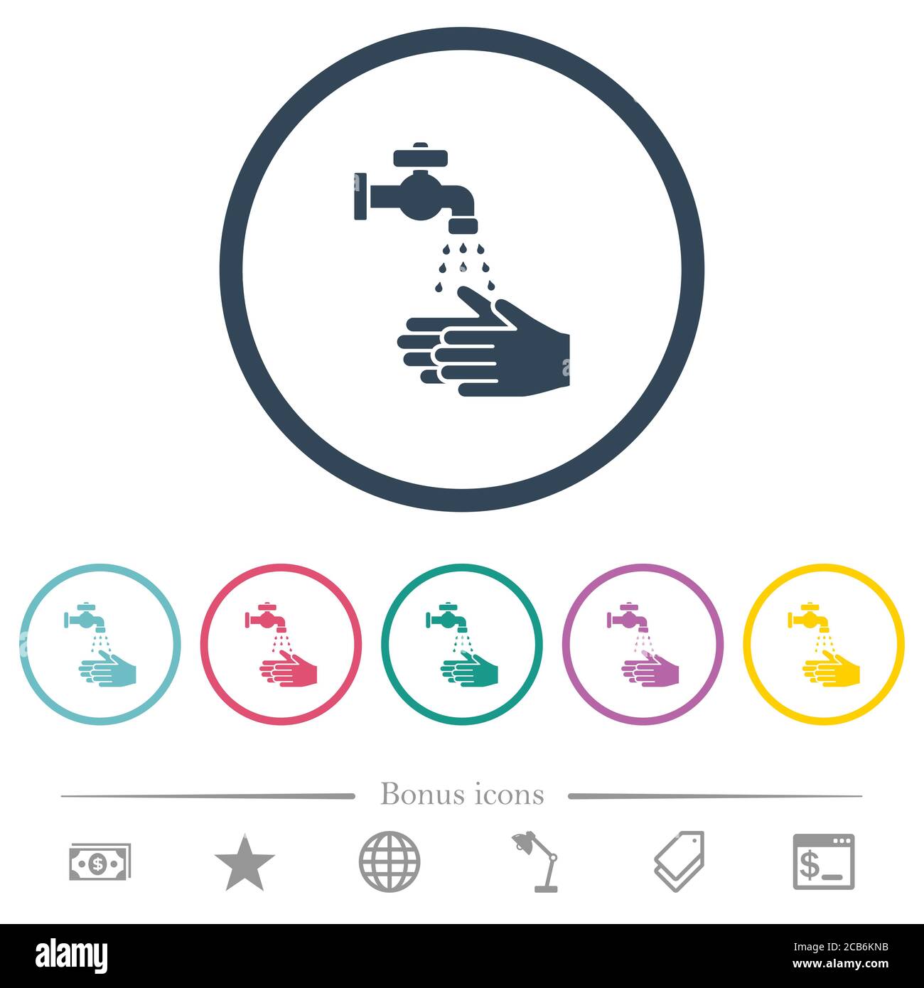 Hand washing flat color icons in round outlines. 6 bonus icons included ...