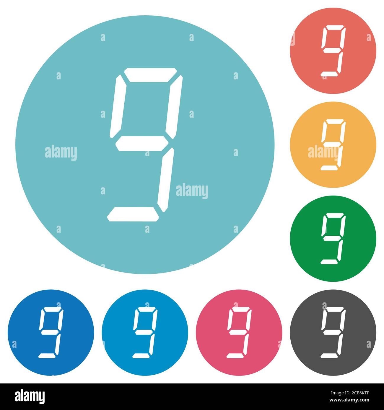 digital number nine of seven segment type flat white icons on round ...