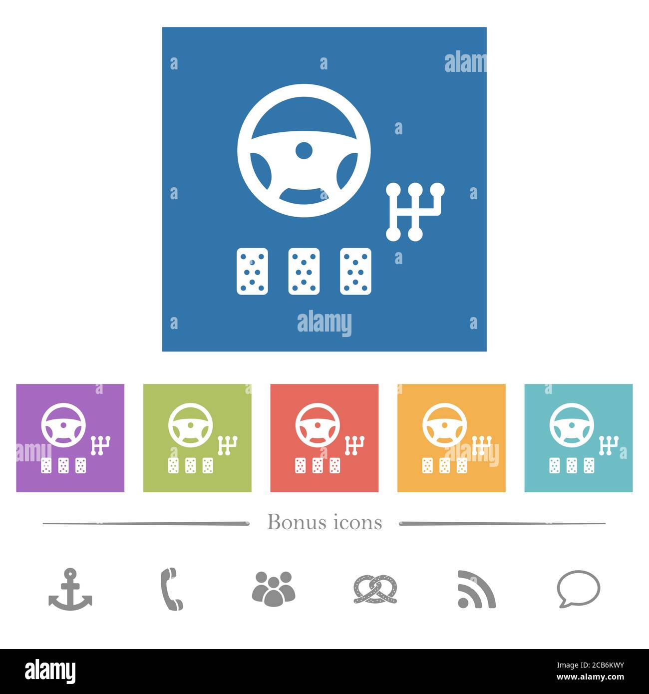 Car controls flat white icons in square backgrounds. 6 bonus icons ...