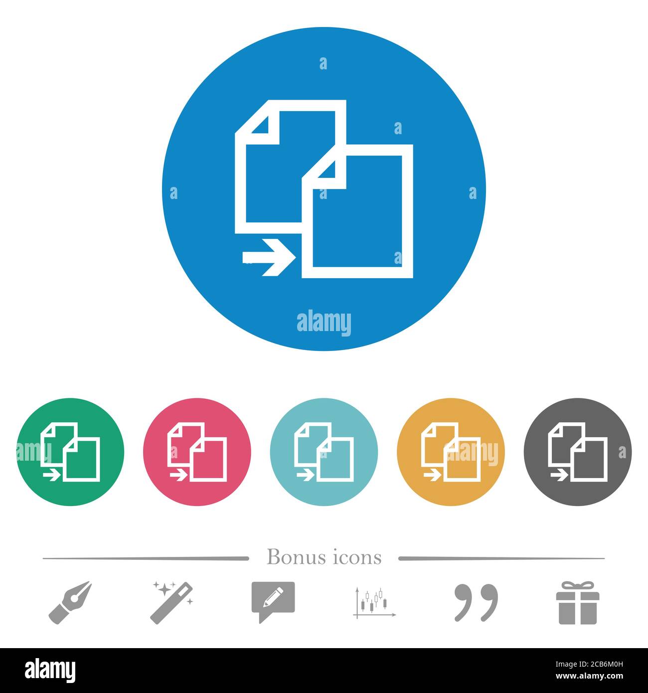 Copy item flat white icons on round color backgrounds. 6 bonus icons ...