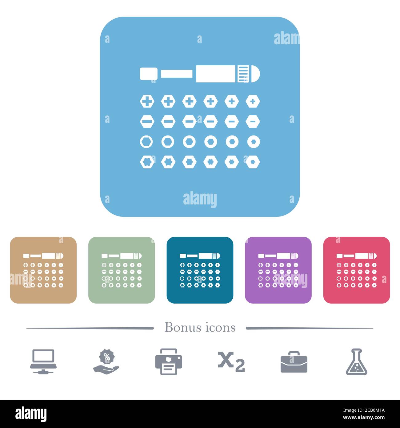 Set of screwdriver bits white flat icons on color rounded square ...