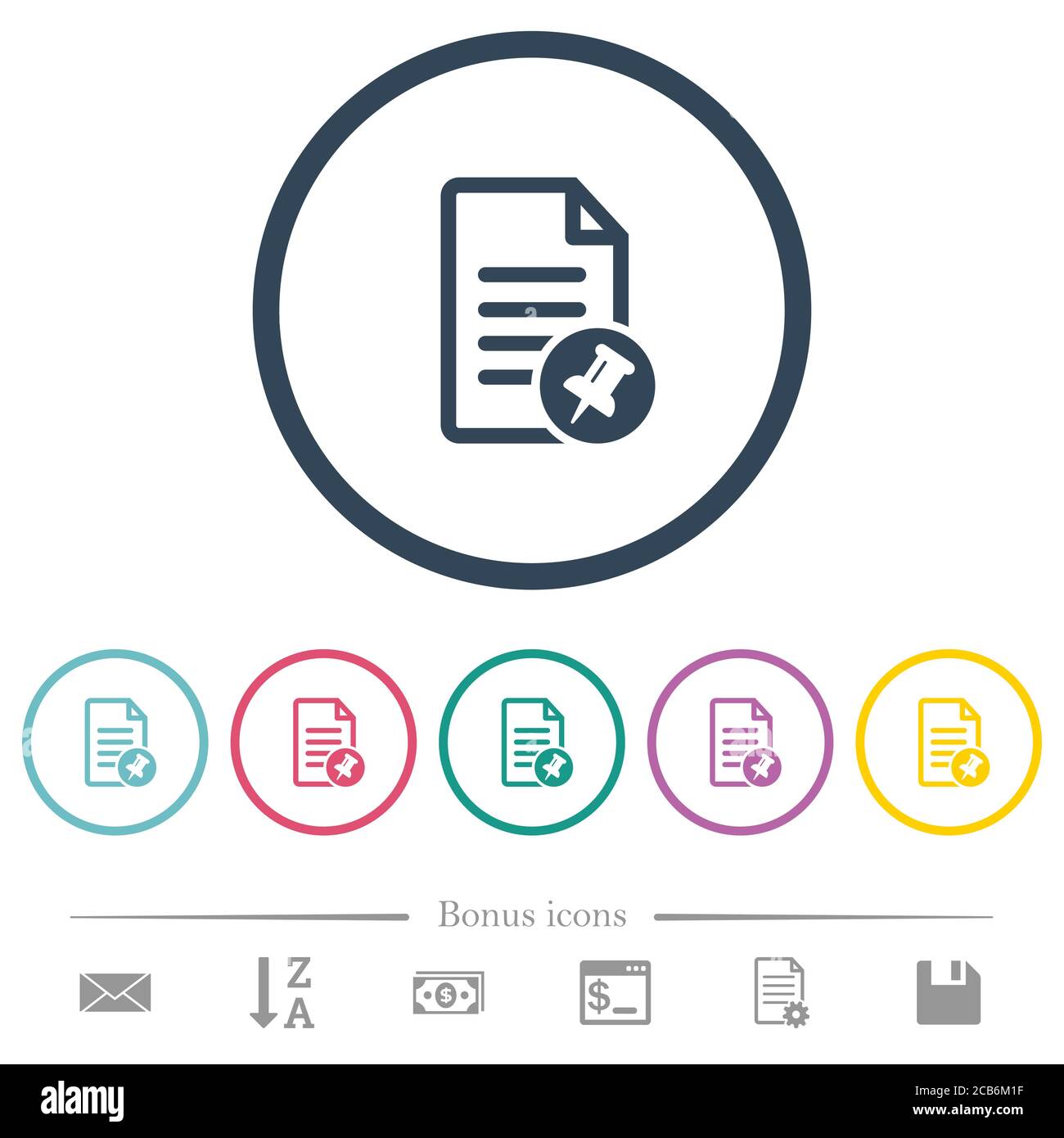 Pin document flat color icons in round outlines. 6 bonus icons included ...