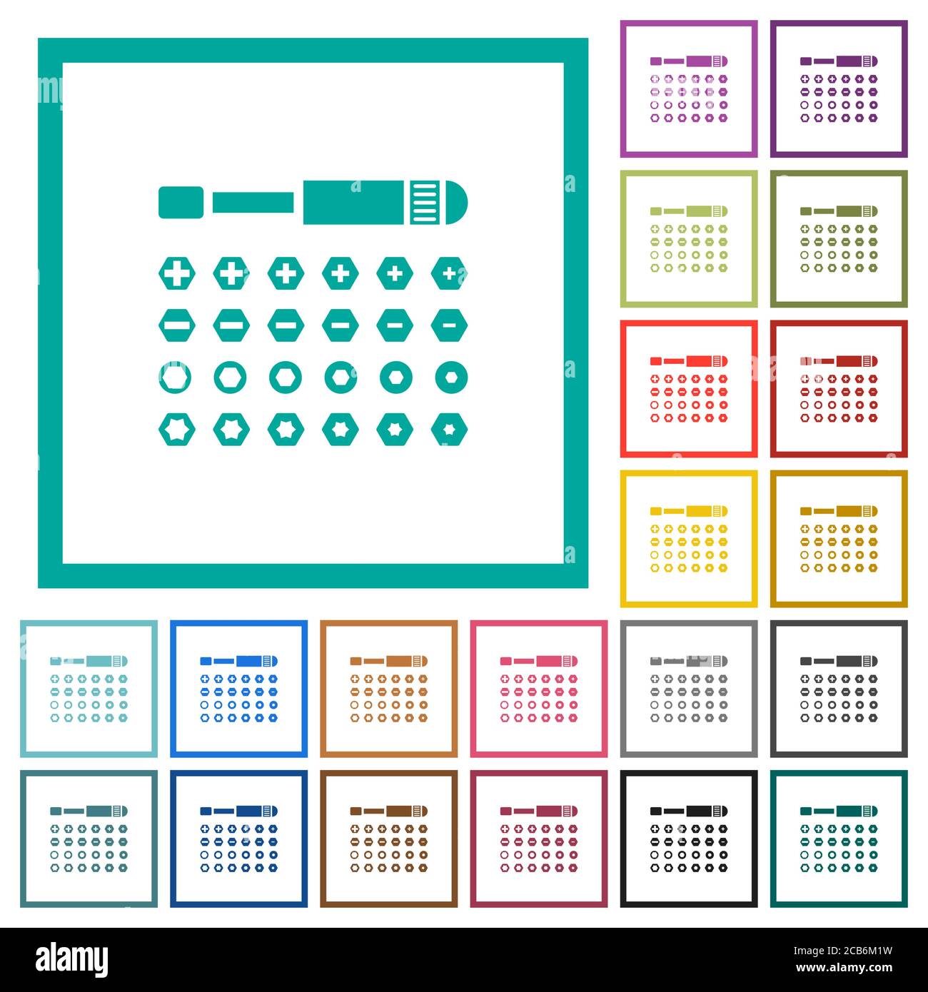 Set of screwdriver bits flat color icons with quadrant frames on white ...