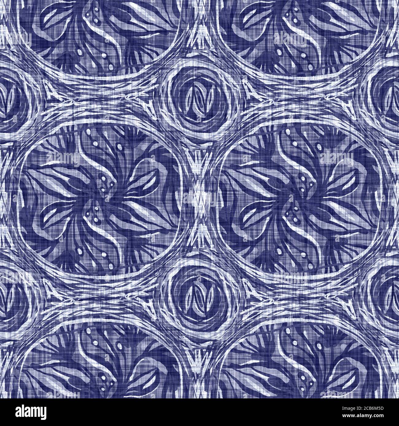 Indigo blue flower block print dyed linen texture background. Seamless ...