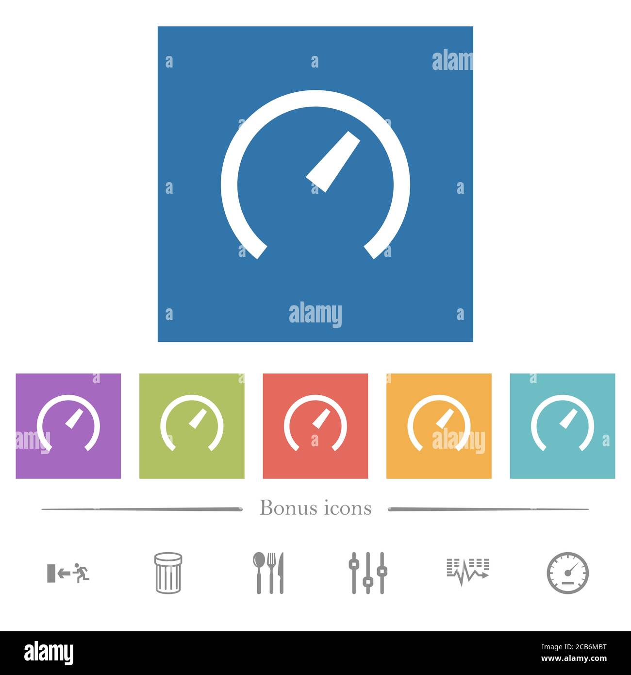 Speedometer flat white icons in square backgrounds. 6 bonus icons ...