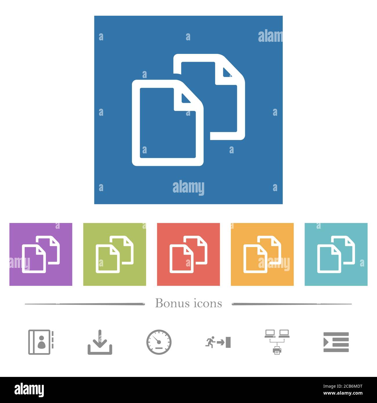 Copy document flat white icons in square backgrounds. 6 bonus icons ...