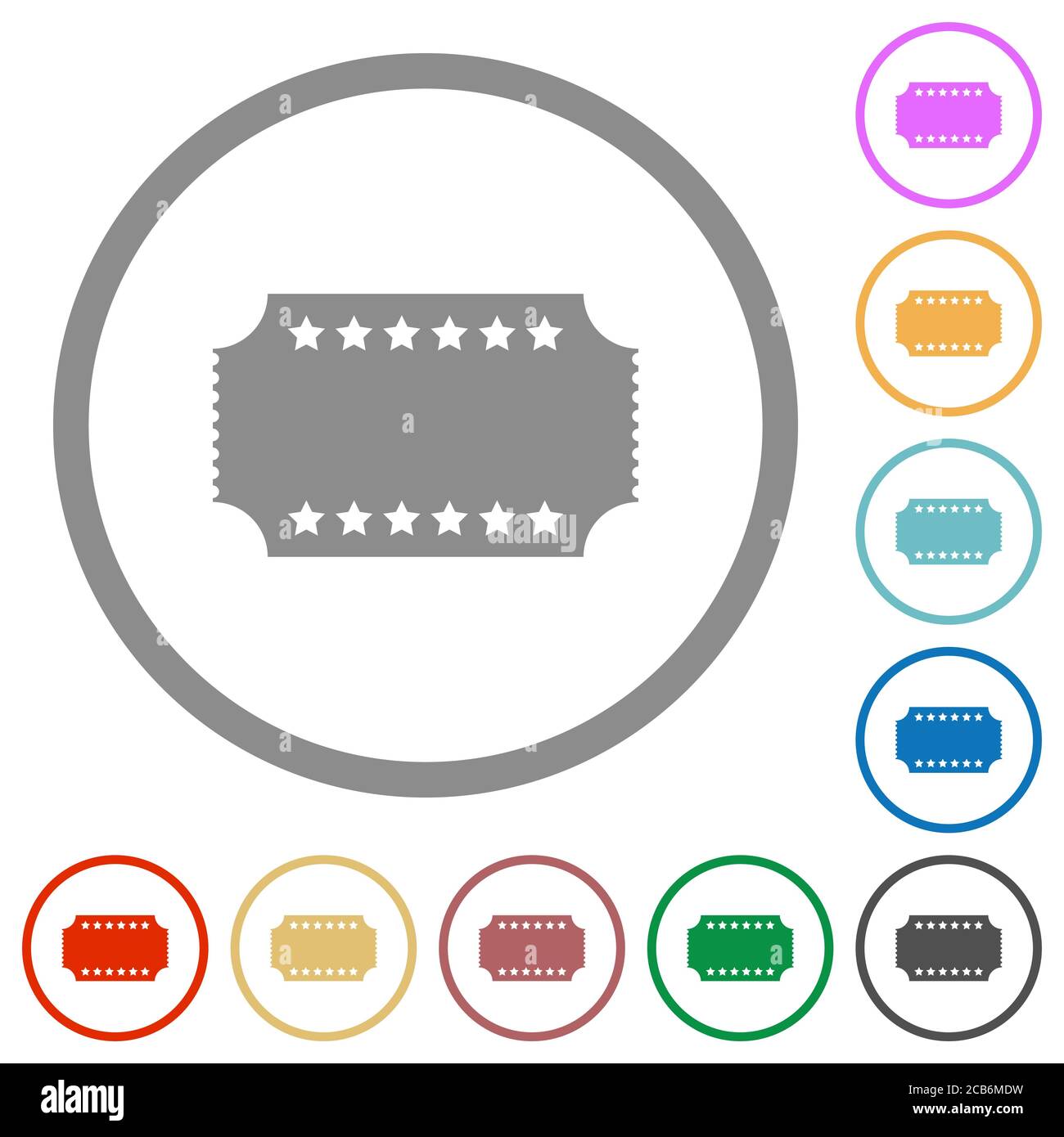 Ticket with stars flat color icons in round outlines on white ...