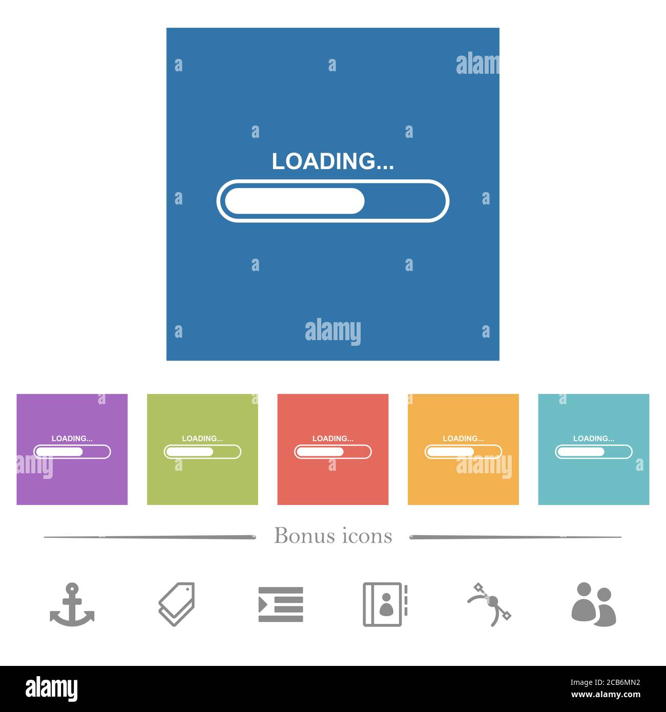 Loading flat white icons in square backgrounds. 6 bonus icons included ...