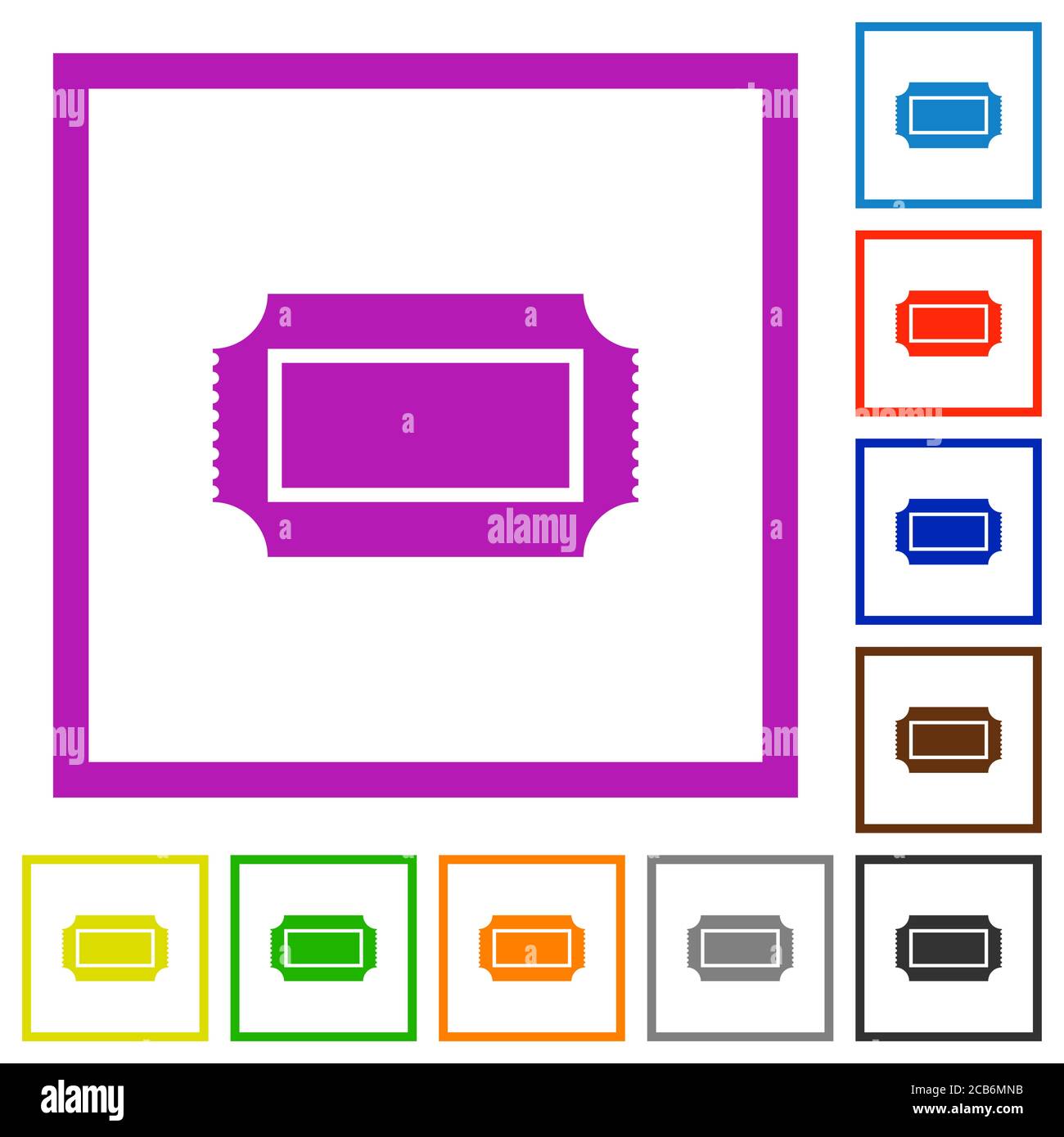 Ticket with perforated edges flat color icons in square frames on white ...