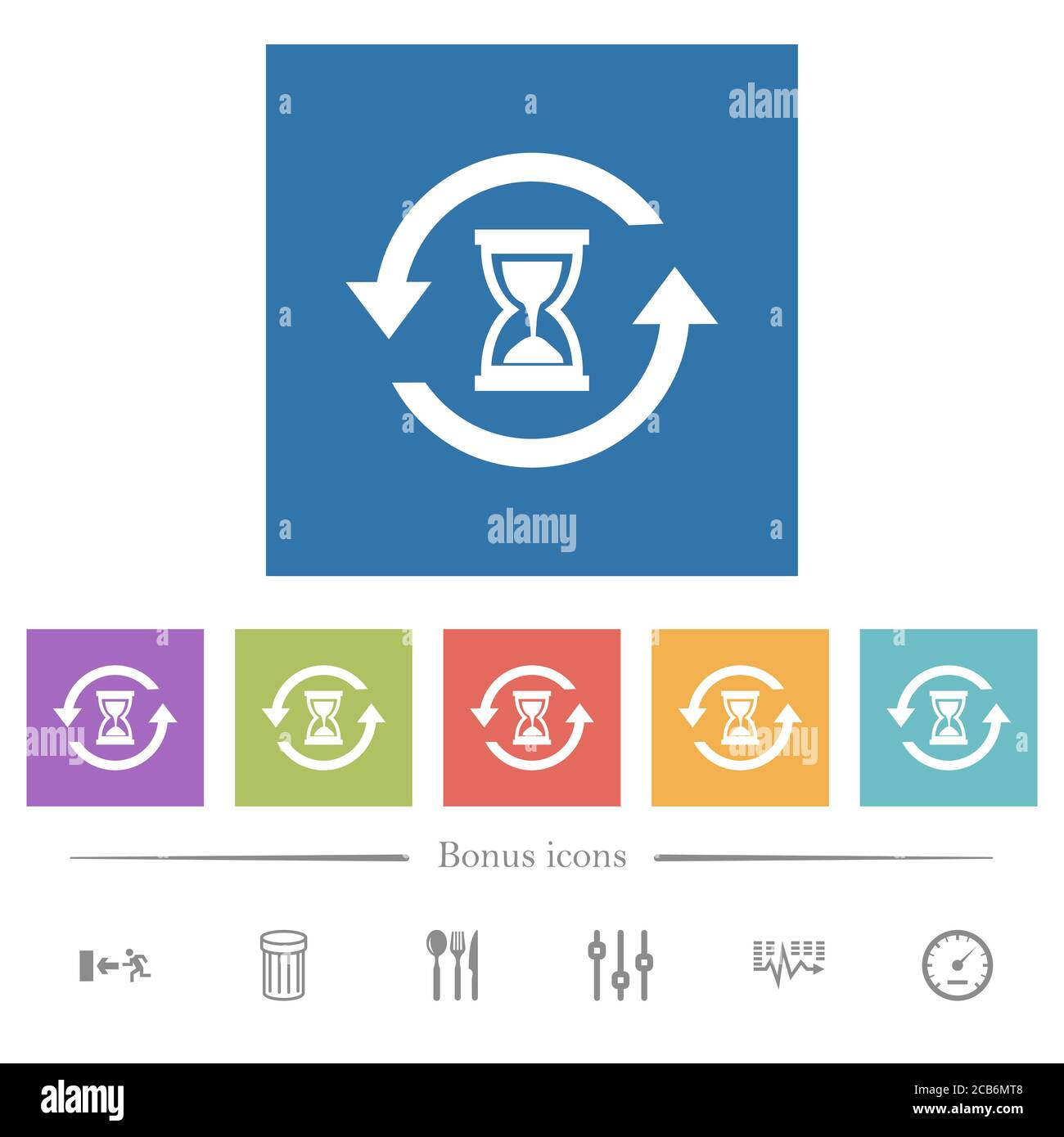 Reload symbol with sandglass flat white icons in square backgrounds. 6 ...