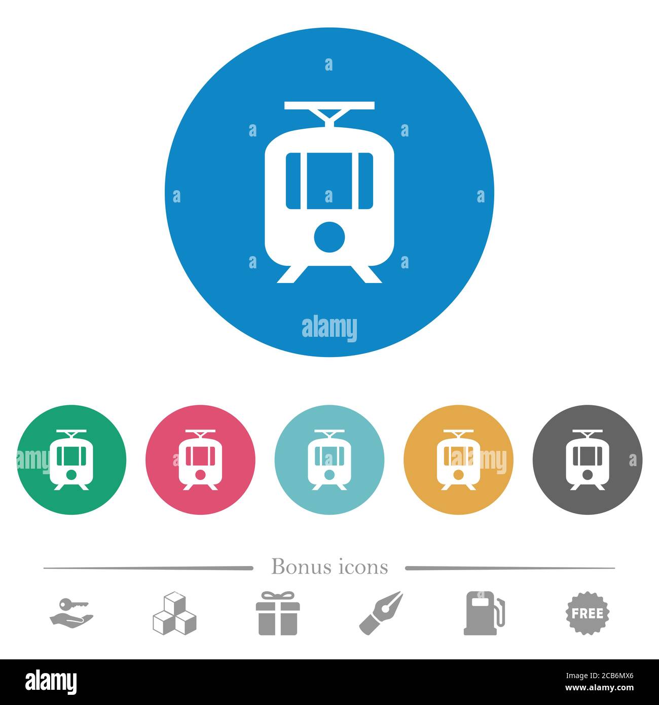 Tram flat white icons on round color backgrounds. 6 bonus icons ...