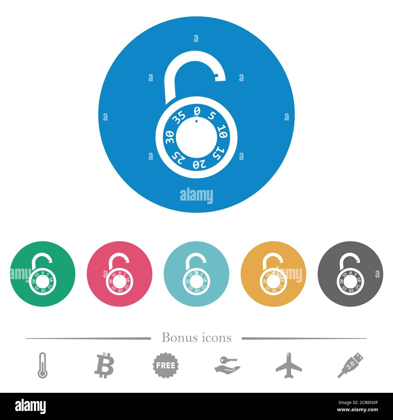 Unlocked round combination lock flat white icons on round color ...