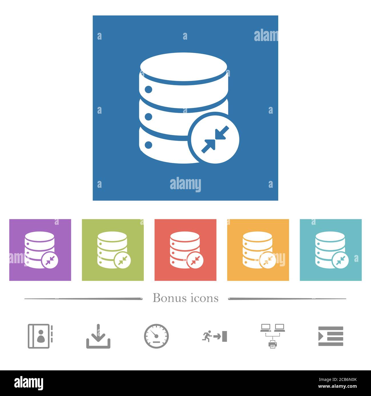 Shrink database flat white icons in square backgrounds. 6 bonus icons ...