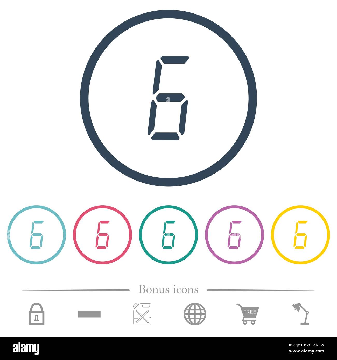 digital number six of seven segment type flat color icons in round ...