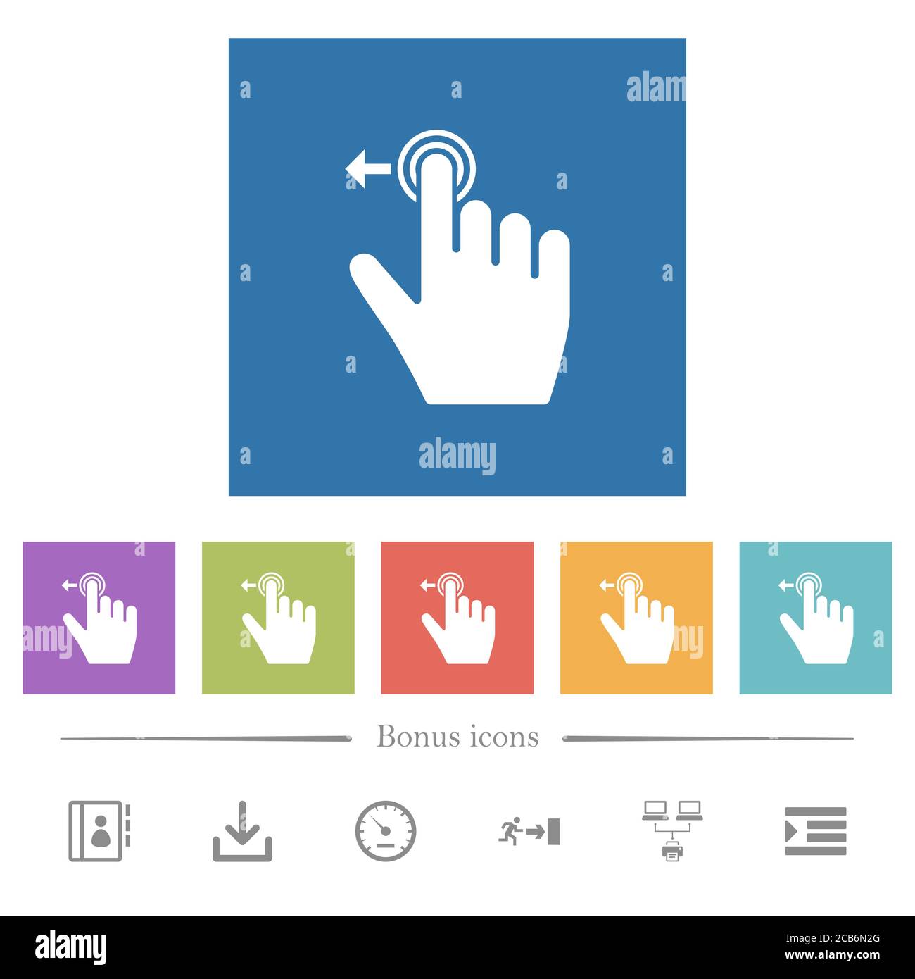 Right handed slide left gesture flat white icons in square backgrounds ...