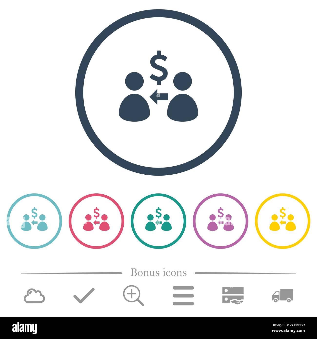 Receive Dollars flat color icons in round outlines. 6 bonus icons ...