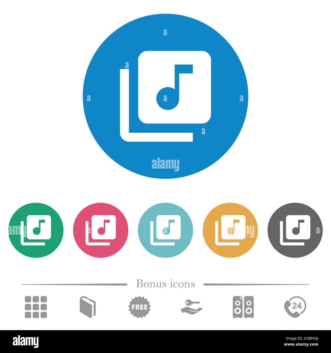 Music library flat white icons on round color backgrounds. 6 bonus ...