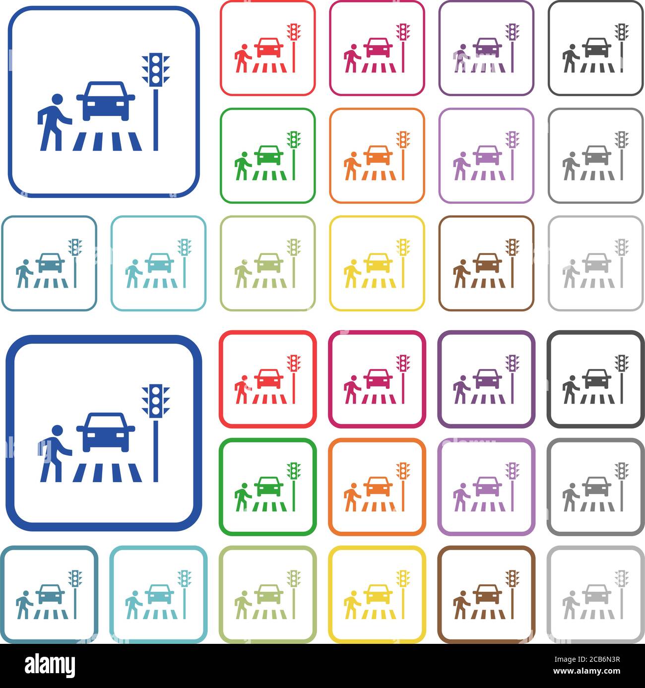 Pedestrian crossing color flat icons in rounded square frames. Thin and ...