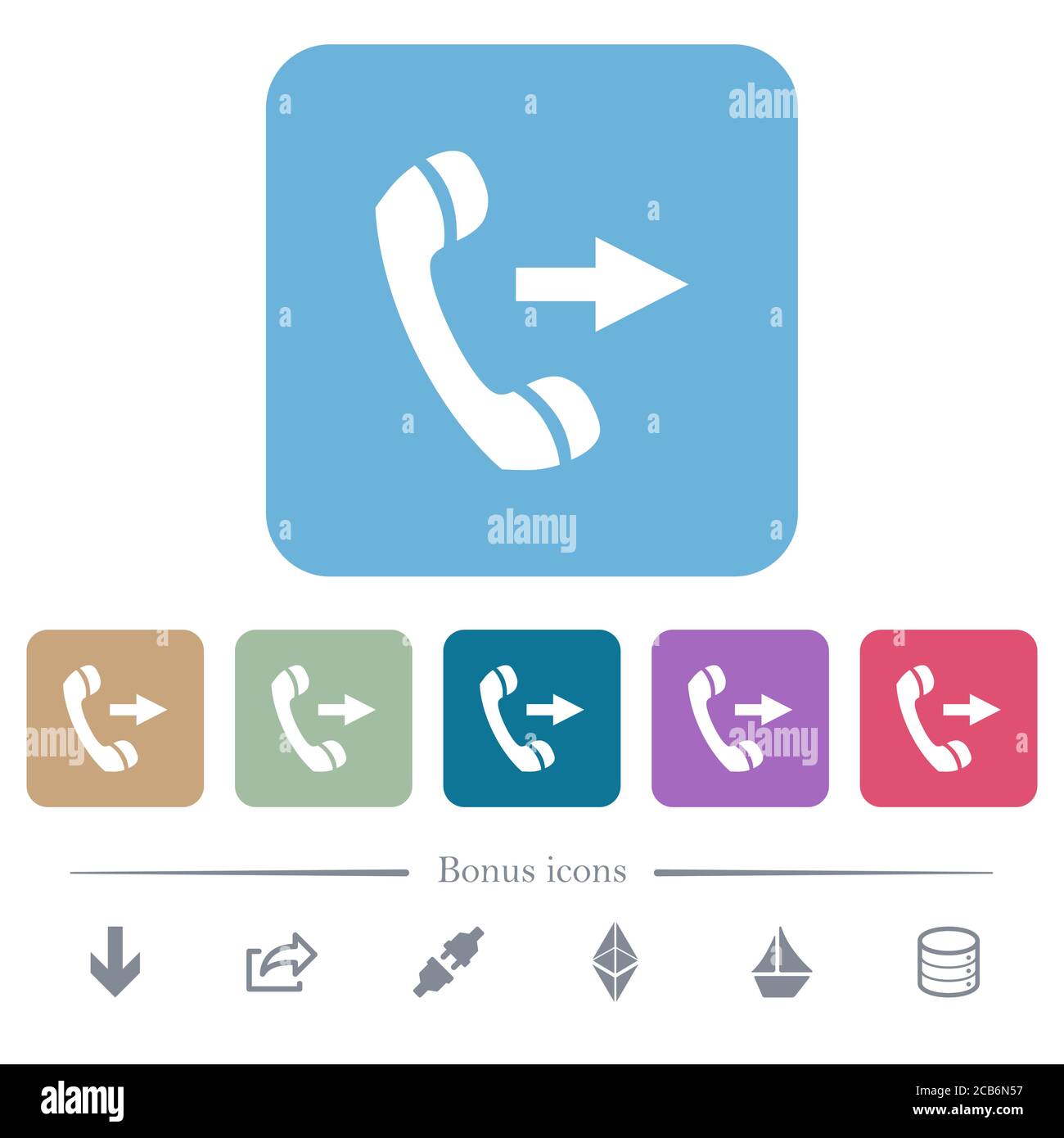 Outgoing phone call white flat icons on color rounded square backgrounds. 6 bonus icons included ...
