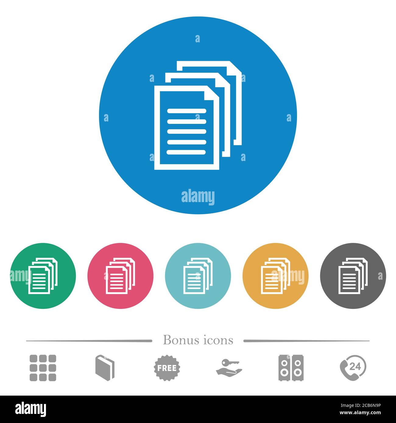 Multiple documents flat white icons on round color backgrounds. 6 bonus ...