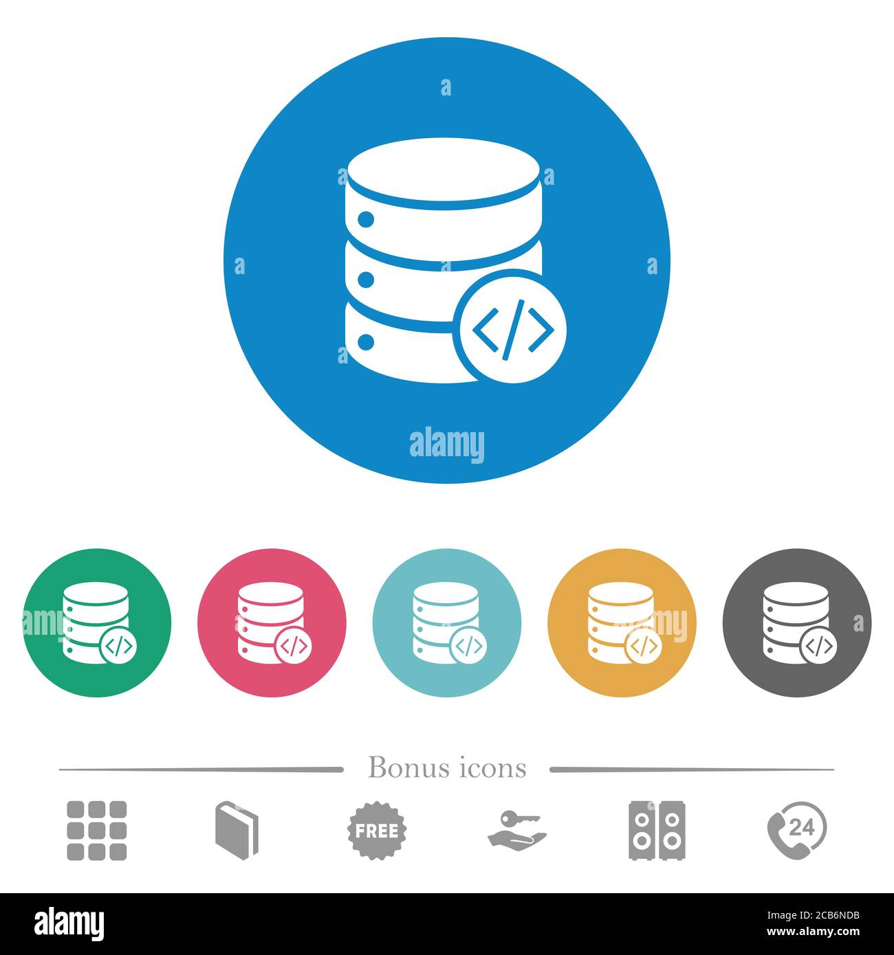 Database programming flat white icons on round color backgrounds. 6 ...