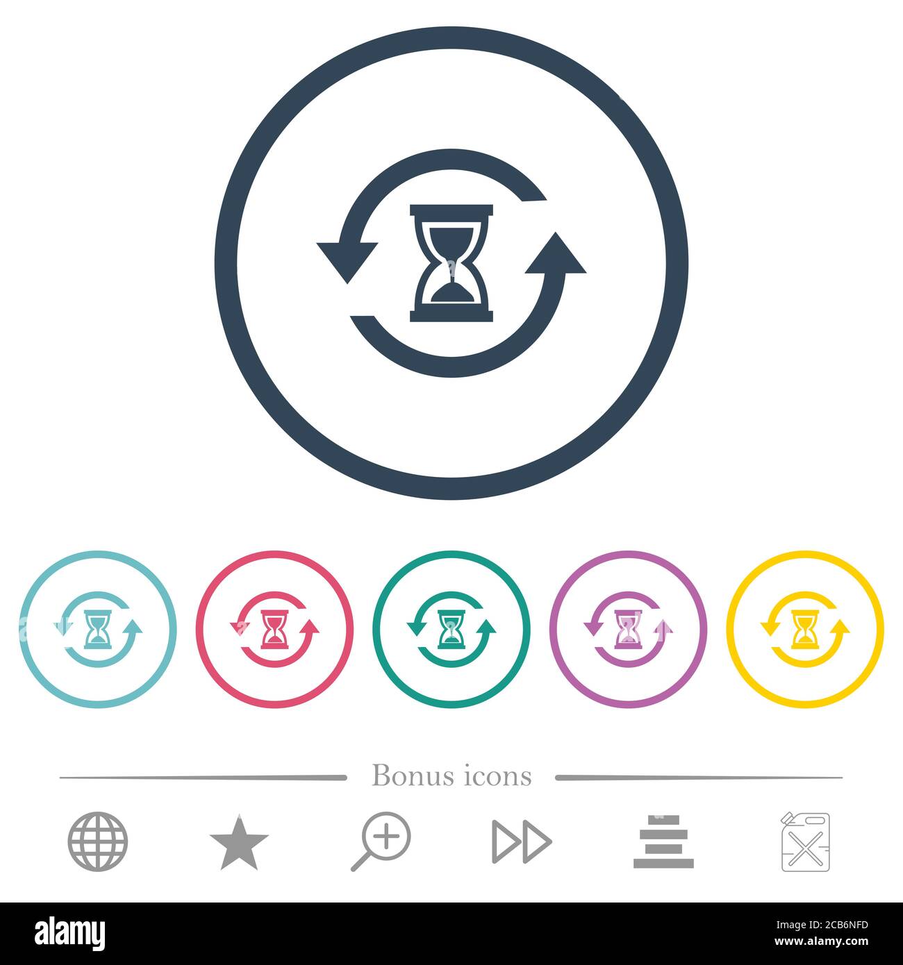 Reload symbol with sandglass flat color icons in round outlines. 6 ...