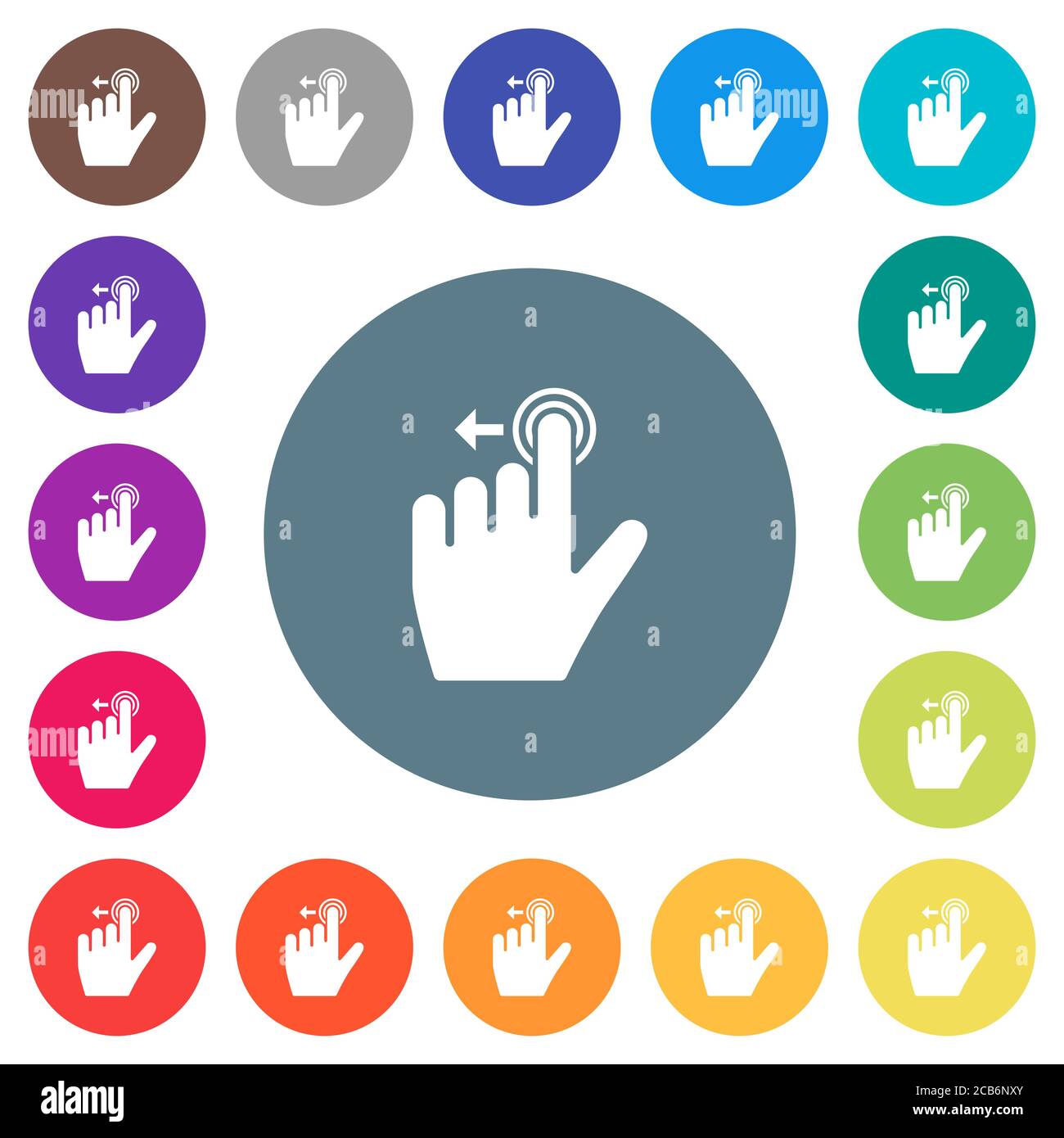 Left handed slide left gesture flat white icons on round color ...