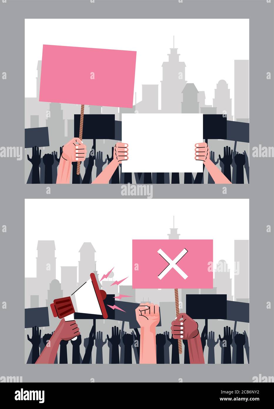 interracial hands people protesting lifting banners and megaphone ...