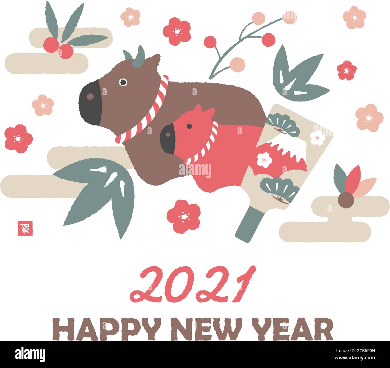 2021 new year greeting card template illustration / cartoon ox (cow ...