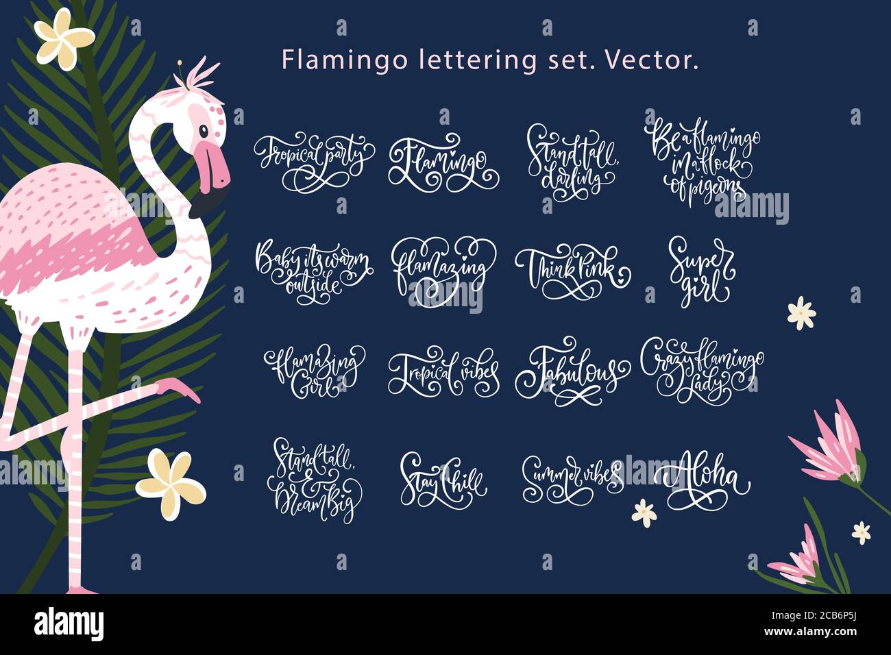 Summer lettering flamingo vector set. Summertime calligraphy quote ...