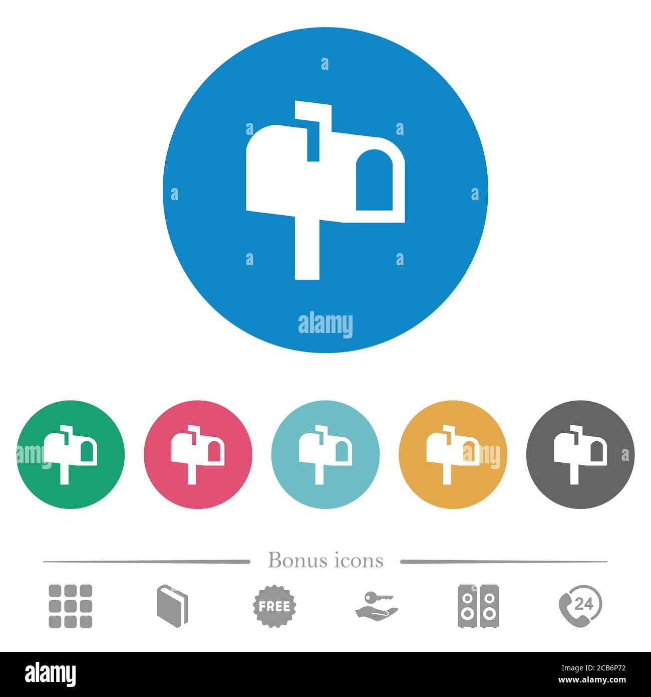 Mailbox flat white icons on round color backgrounds. 6 bonus icons ...