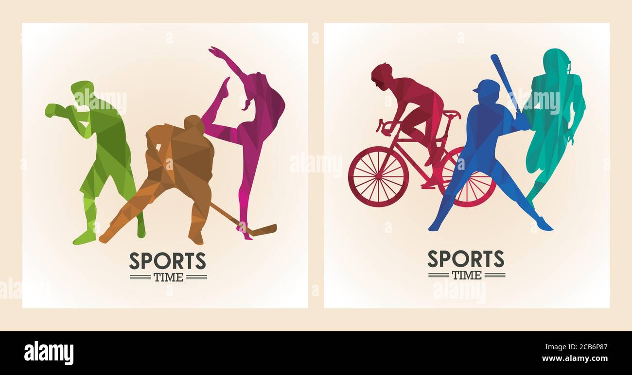sports time poster with athletes figures silhouettes frames vector ...