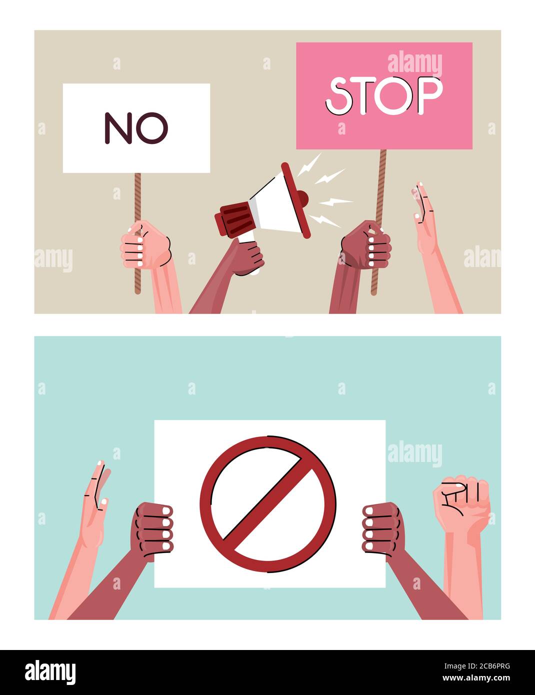 interracial hands people protesting lifting banners and megaphone ...