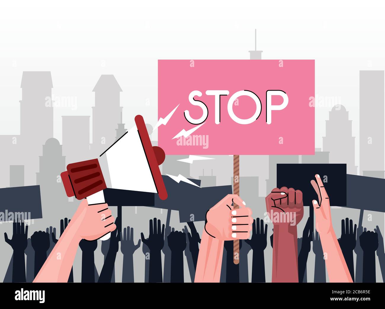 interracial people hands protesting lifting banner with stop word and ...