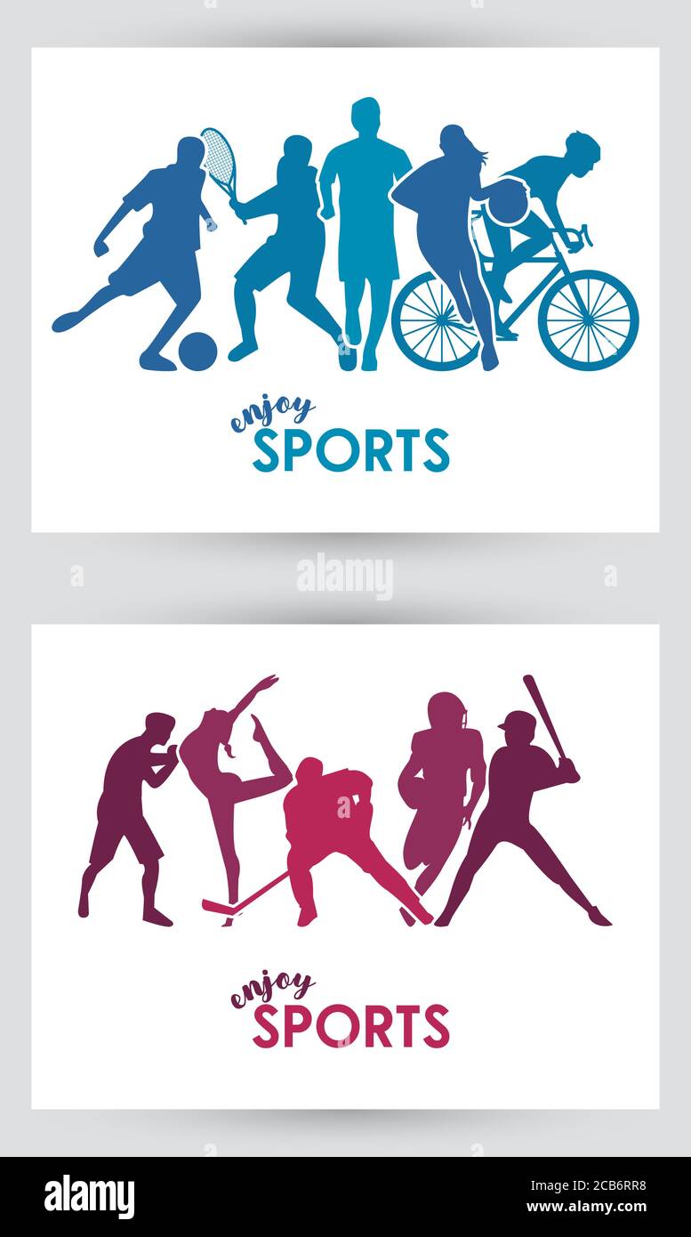 sports time poster with athletes silhouettes frames vector illustration ...