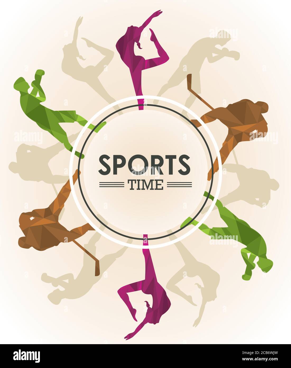 sports time poster with athletes figures silhouettes circular frame ...