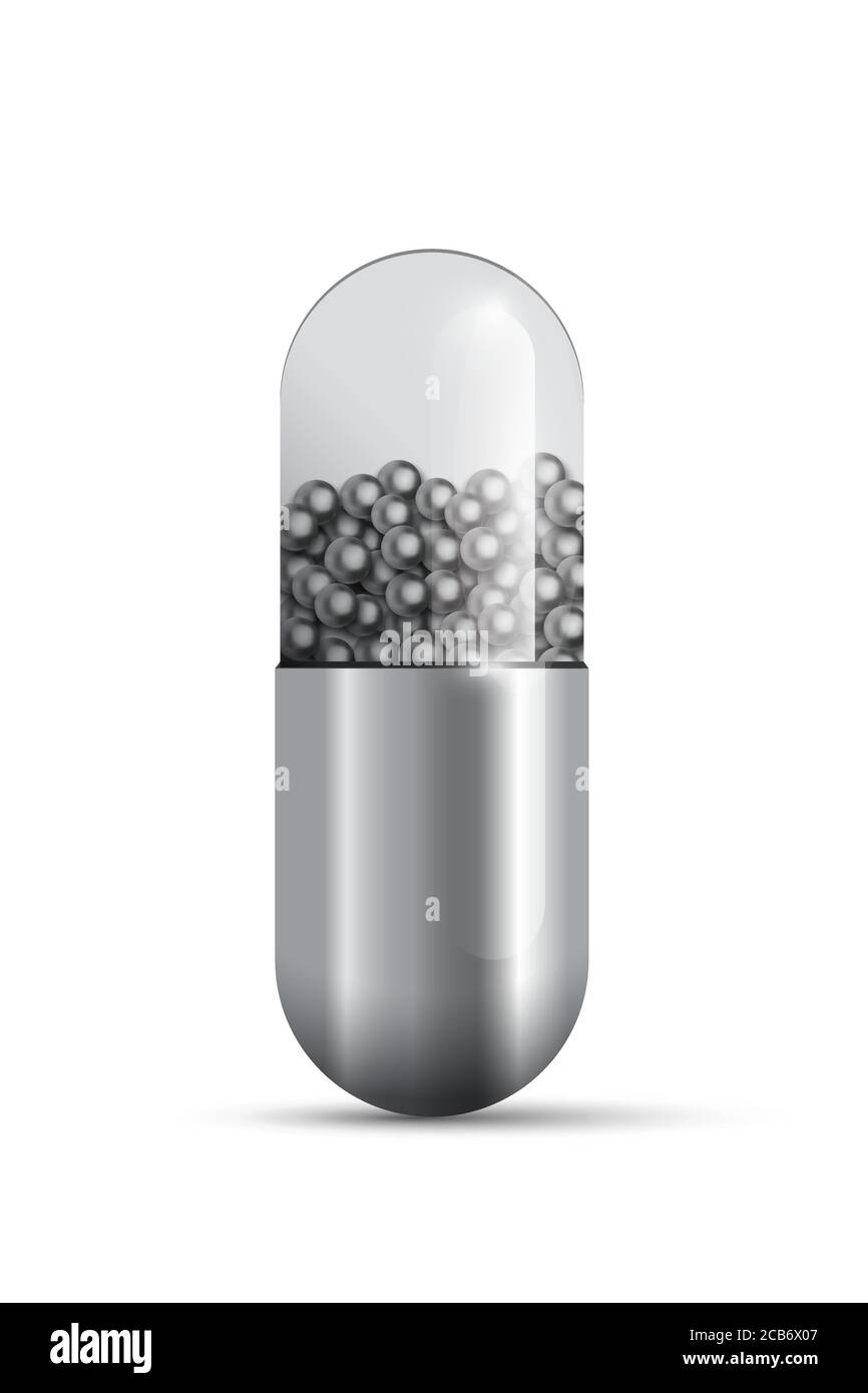 Silver capsule pill and drug isolated on white background. Vector 3D ...
